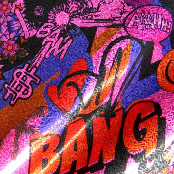 Bang Theme Graffiti Print with Holographic Multicolored Dots on Poly S ...
